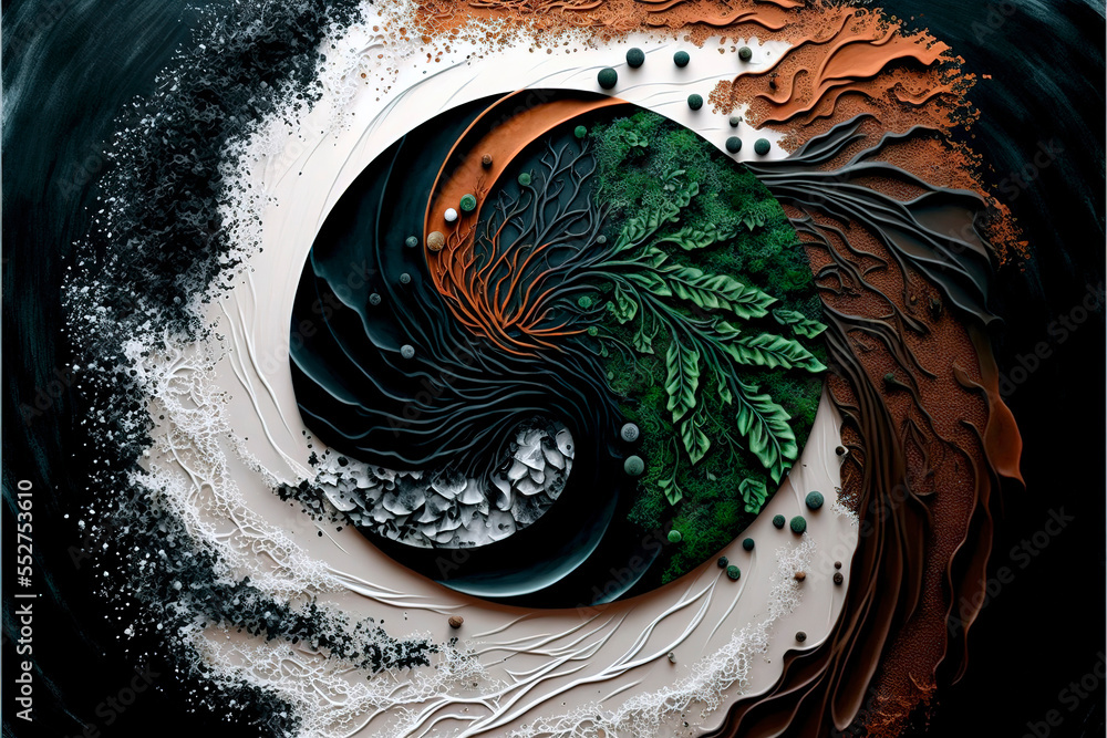 creative yin yang symbol, black, white, green and terracotta colour ...