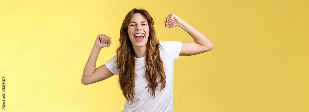 Girl thanks invitation awesome party having fun go wild raise hands up ...
