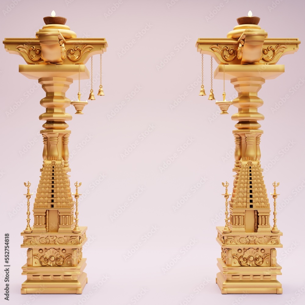 Two golden temple pillar, gold Traditional Indian Column Arc with white ...