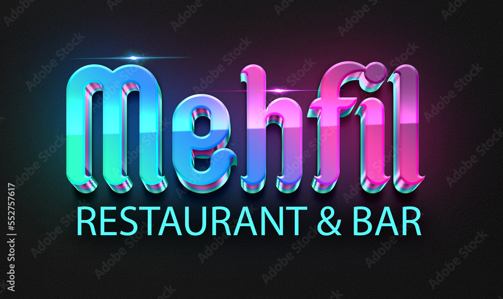 Mehfil Indian restaurant logo, Mehfil 3d glossy neon blue light logo ...