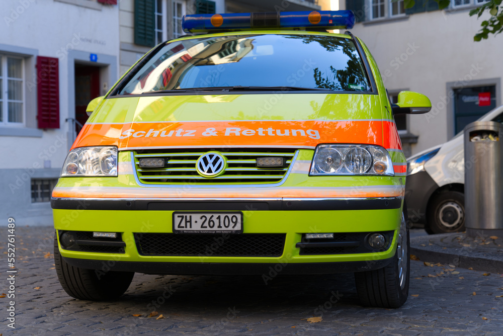 Parked fire service van at square named St. Peterhofstatt at the old ...