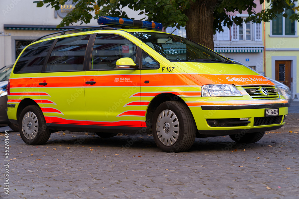 Parked fire service van at square named St. Peterhofstatt at the old ...