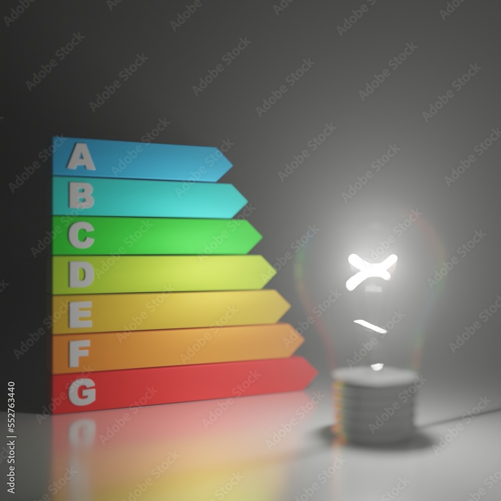 Energy efficient rating and lightbulb. New energy efficiency chart for ...