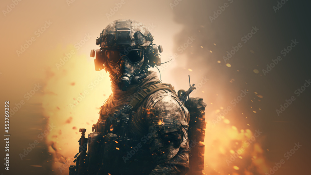 apocalyptic character with gas mask, futuristic soldier with burning ...