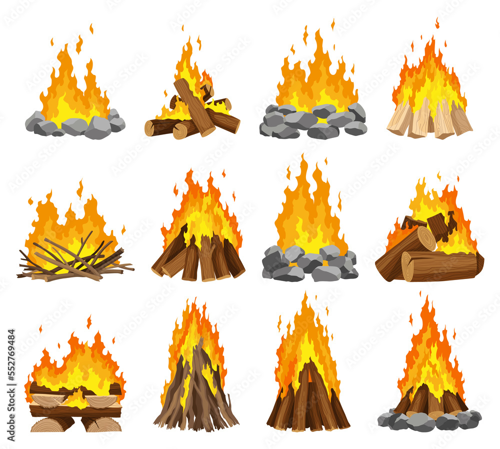 Fireplace campfire different types. Burning wood collection, travel and ...