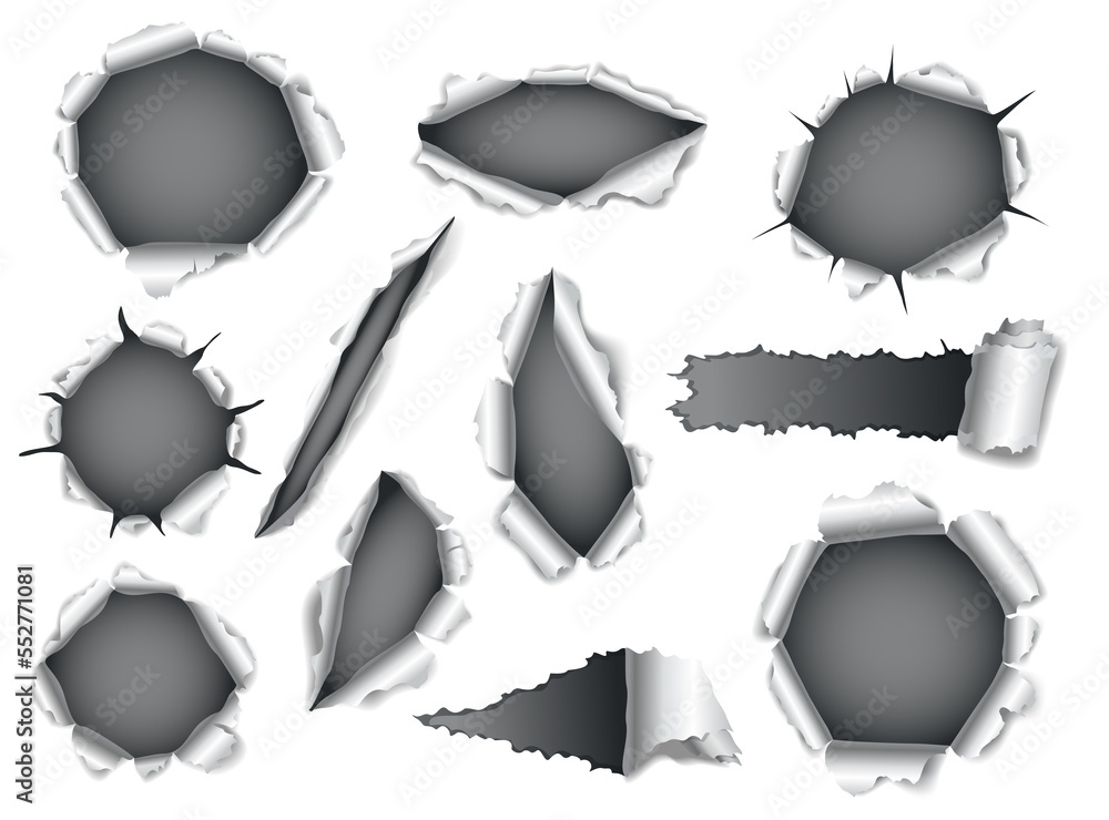 Paper hole collection of gray torn paper. Torn sides over dark paper ...