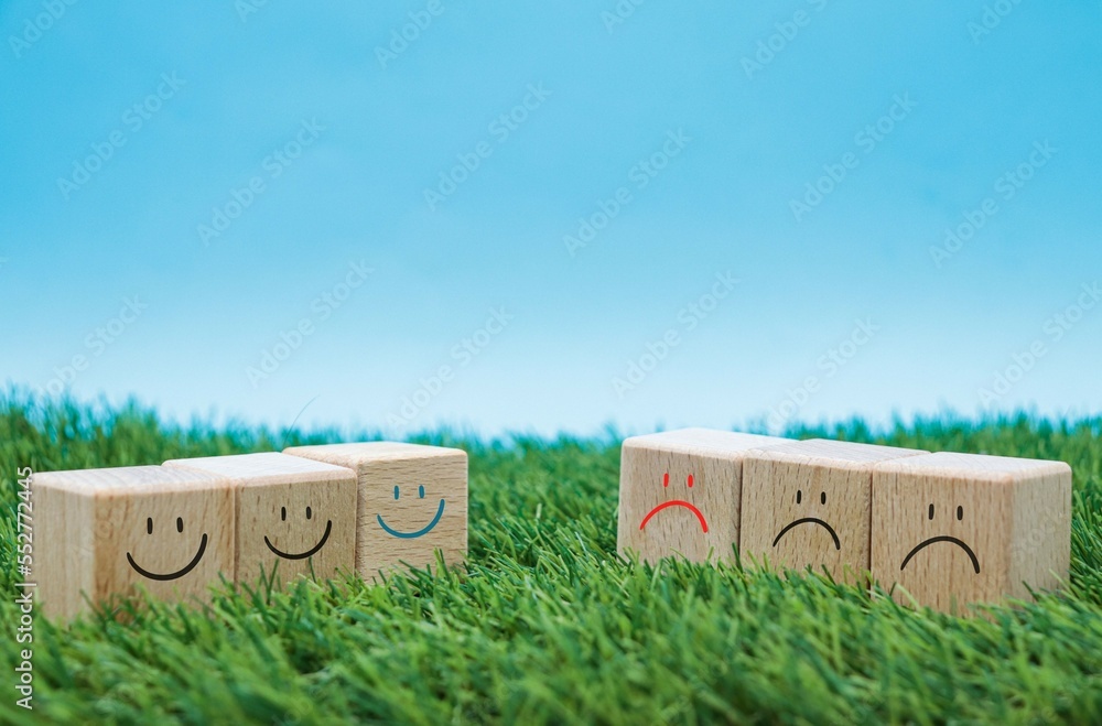 sad faces icon and happy smiley faces on wooden cube blocks on grass ...