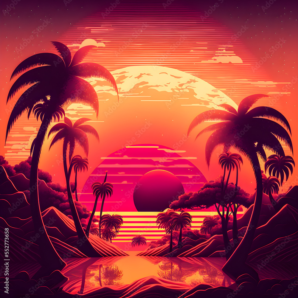 Synthwave sunset, landscape with palm trees, retro wave illustration ...