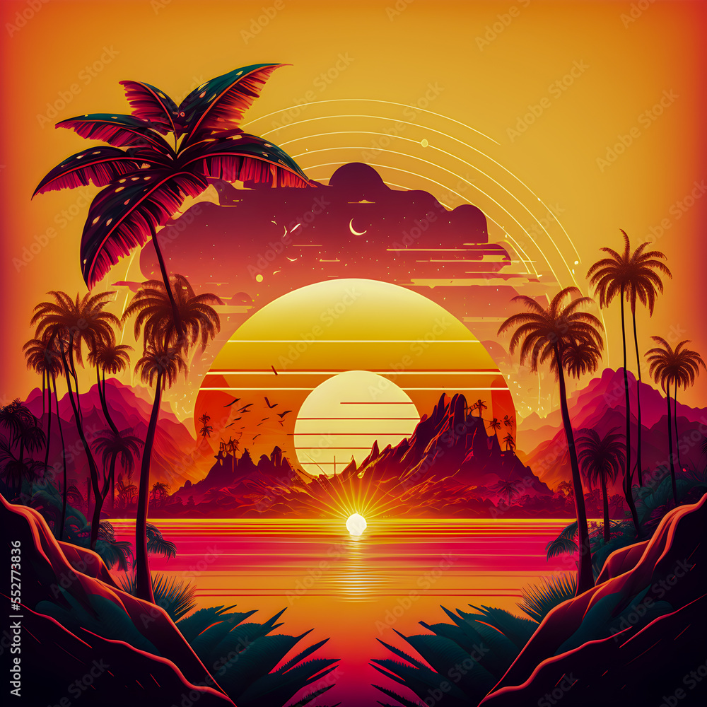 Synthwave sunset, landscape with palm trees, retro wave illustration ...