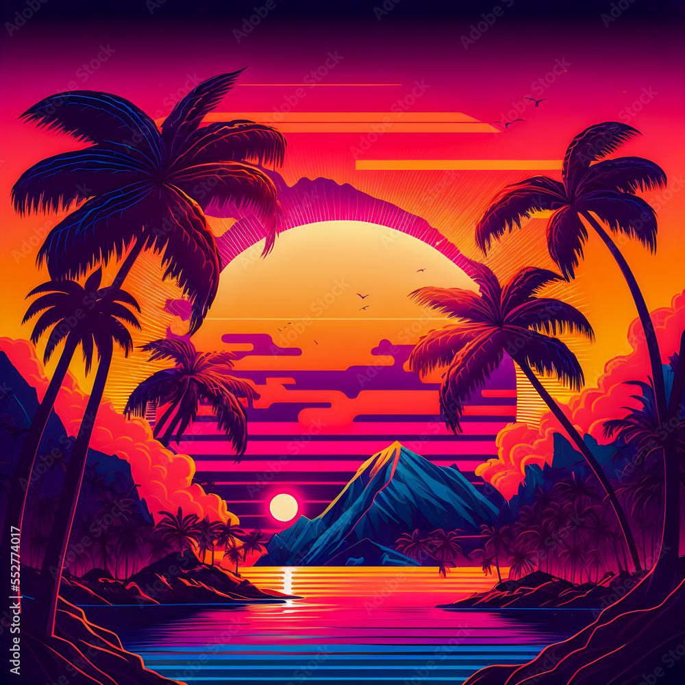 Synthwave sunset, landscape with palm trees, retro wave illustration ...