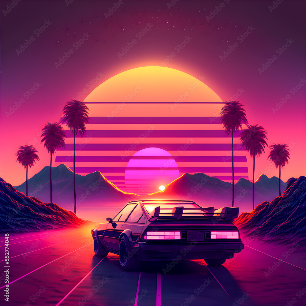 Synthwave sunset, landscape with palm trees, retro wave illustration ...