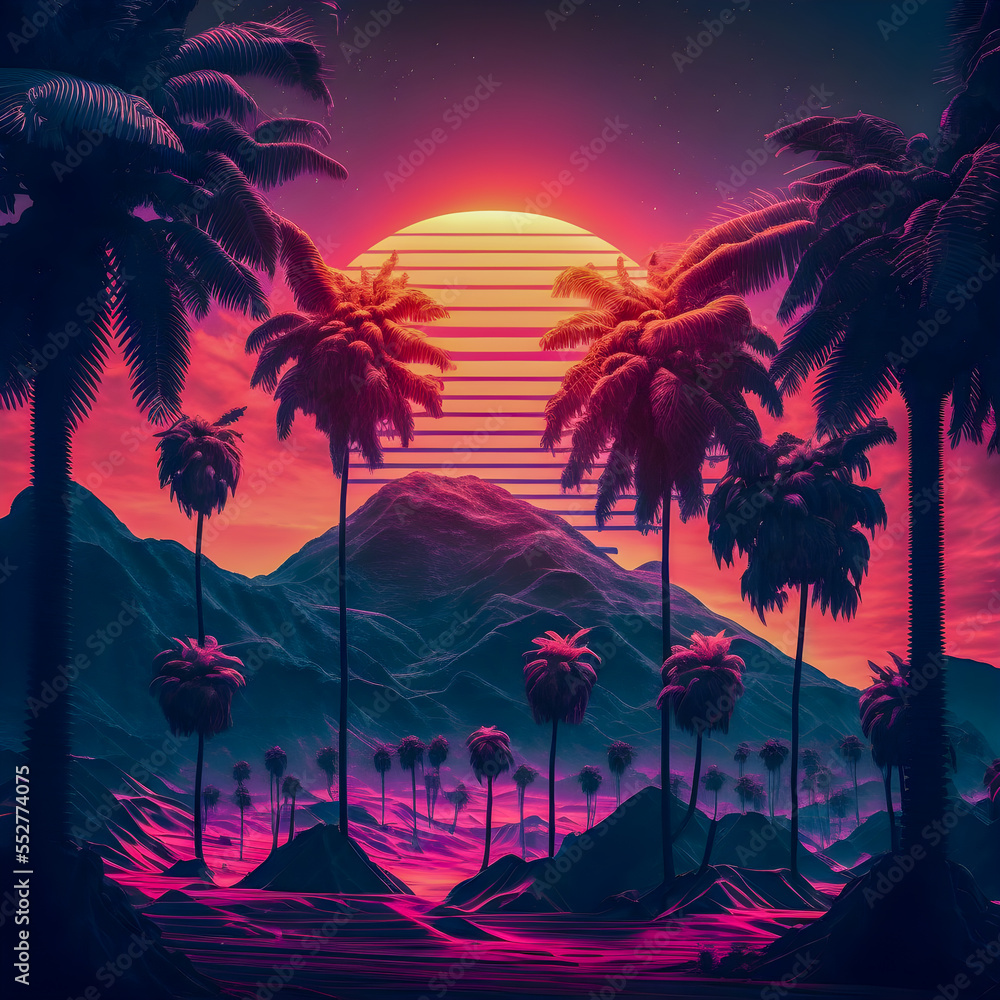 Synthwave sunset, landscape with palm trees, retro wave illustration ...