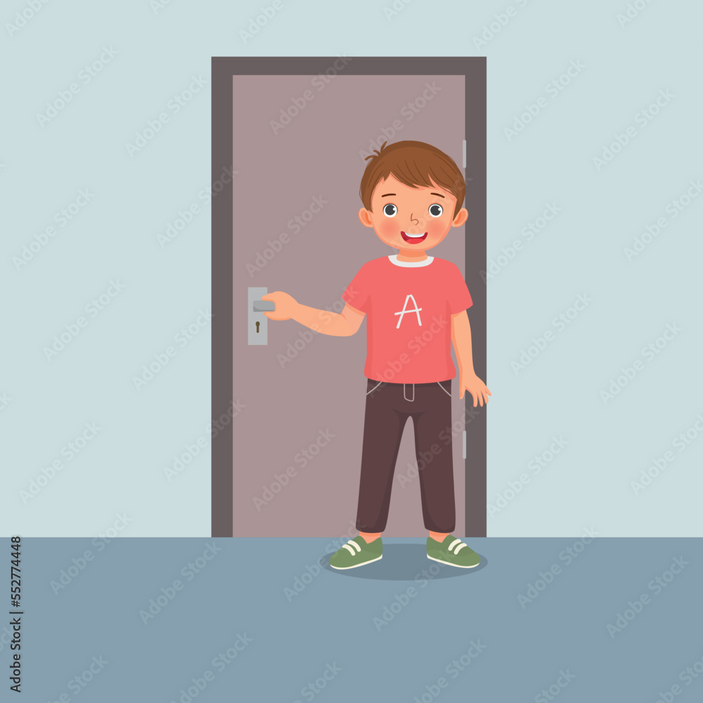 Cute little boy closing the door Stock Vector | Adobe Stock