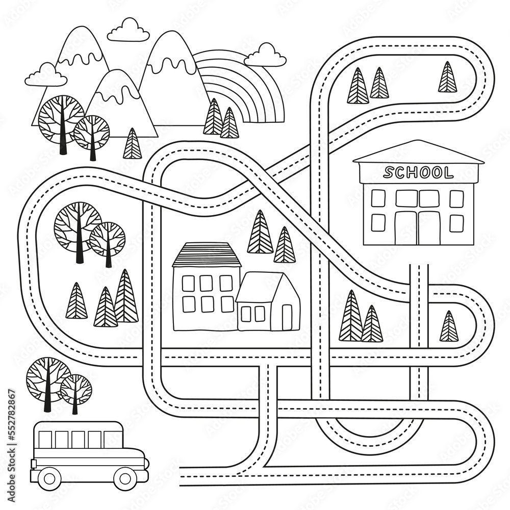 Vector maze game for kids with vehicles and tangled road. Help school ...