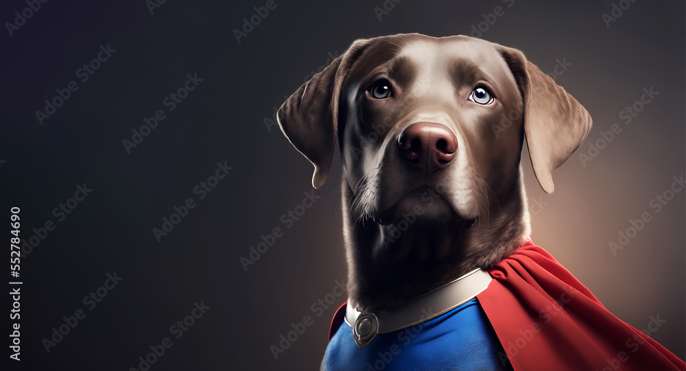 Cute dog wear a superhero costume with red cape. strength and ...