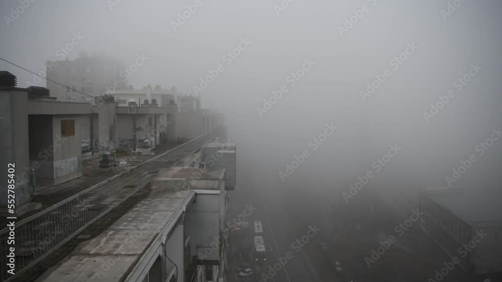 Timelapse of Belgrade city streets skyline covered with smog and fog ...