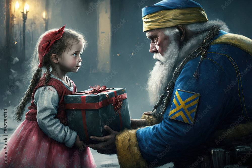 santa claus giving gift to a sad ukraine war little girl generative ai ...