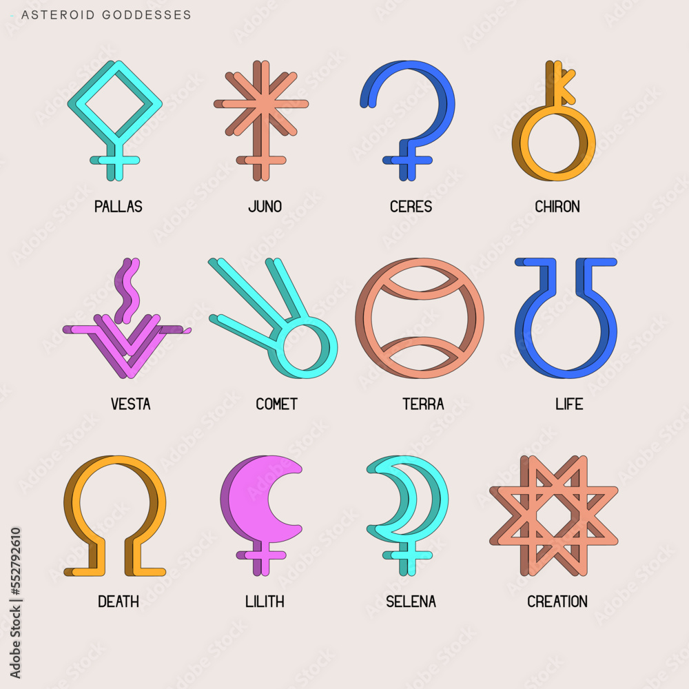 ASTEROID GODDESSES zodiac horoscope thin line label linear design ...