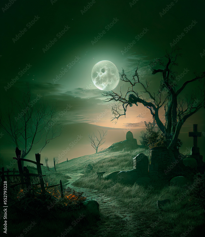 creepy landscape with scary trees and spooky cemetery with tombs and ...