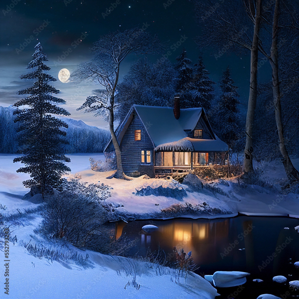 House On Lake At Night