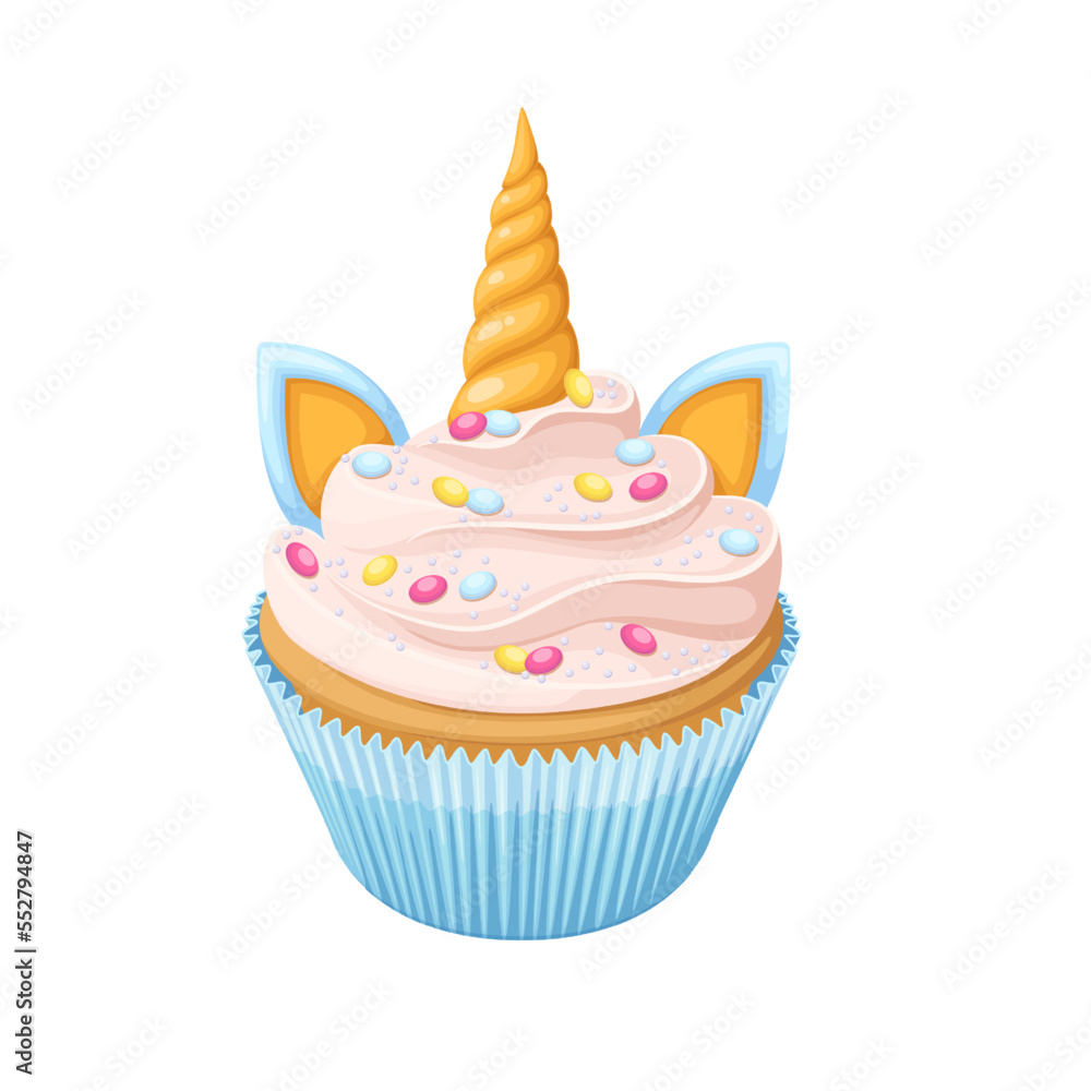 Birthday unicorn cupcake vector illustration. Cartoon isolated sweet ...