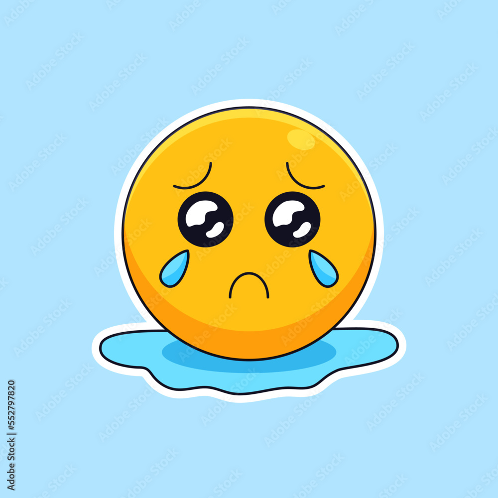 crying face emoticon with tear droplet and puddle outline vector ...