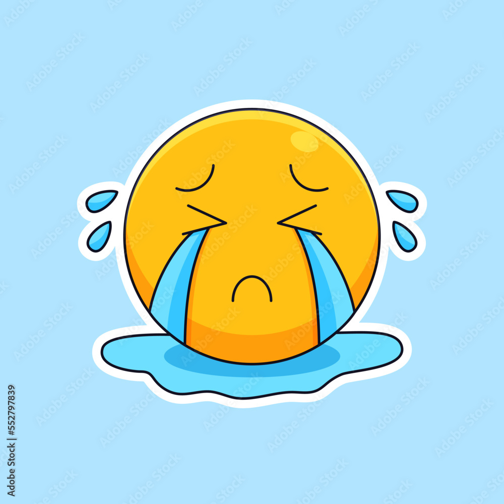 crying face emoticon with tear droplet and puddle outline vector ...