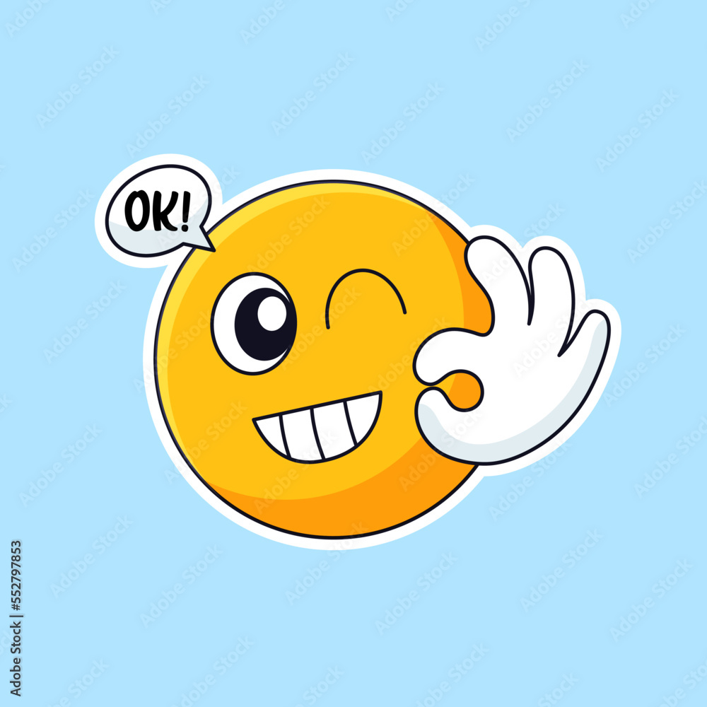 cute blinking eye emoji face with okay hand gesture social media emoticon outline vector ...