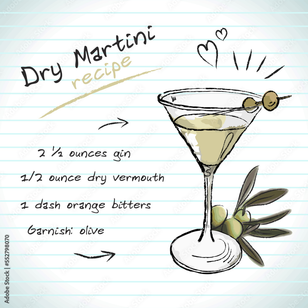Vetor de Dry Martini cocktail, vector sketch hand drawn illustration ...