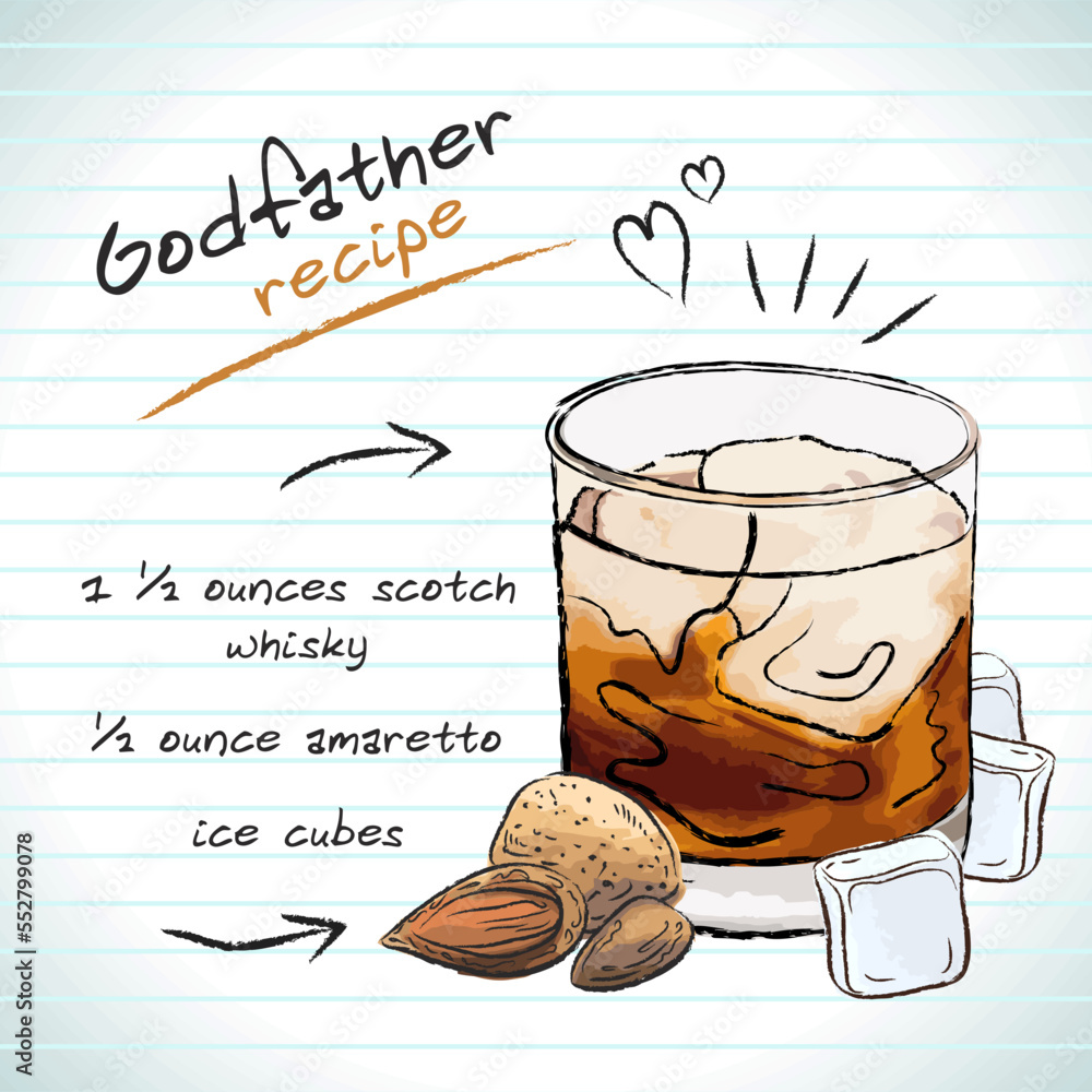 Godfather cocktail, vector sketch hand drawn illustration, fresh summer ...