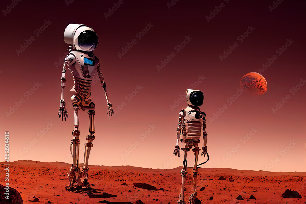 Robot astronaut. Robots on the planet Mars. Futuristic interpretation ...