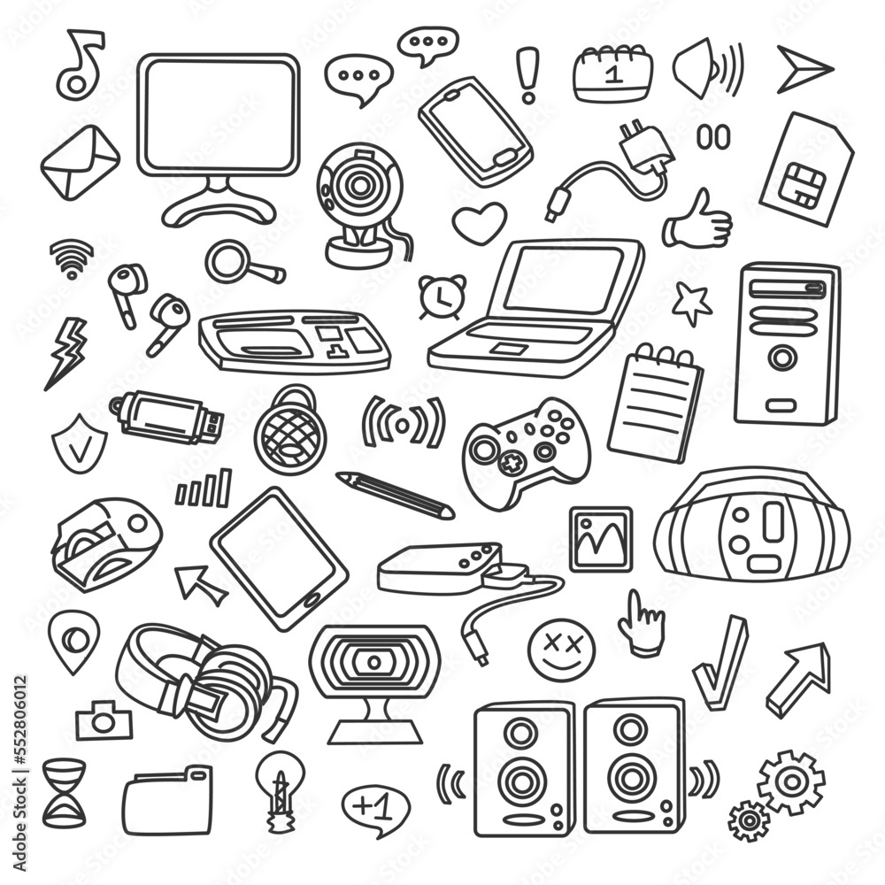 Outline computer doodles Line art set of objects and symbols on the ...