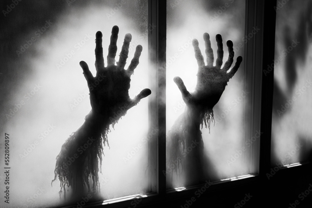 Spooky arms and many fingered hands of a zombie monster in silhouette ...
