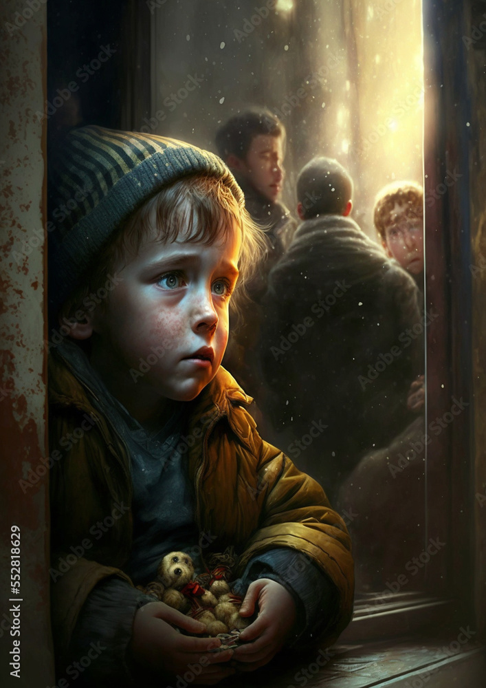 Homeless child watching another family celebrate Christmas.generate by ...