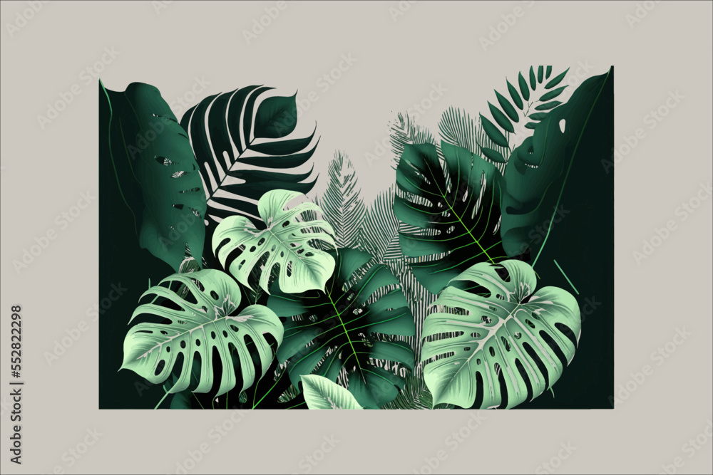 foliage and botanical background. Green tropical forest. Flat cartoon ...