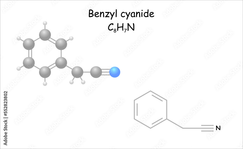 Stylized 2d molecule model/structural formula of benzyl cyanide. Insect ...