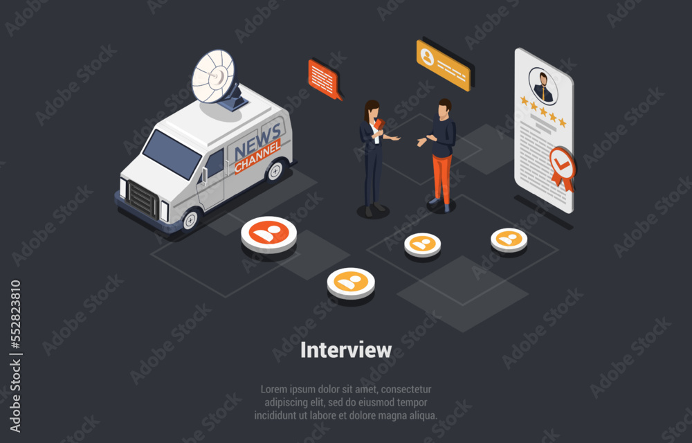 Interview, Broadcasting, Communication And Brief News Concept. Woman ...