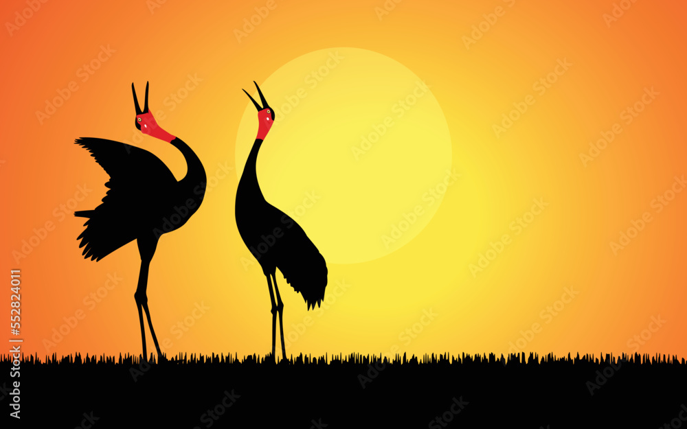 two cranes Vector drawing. Silhouette of a crane posing on a white ...