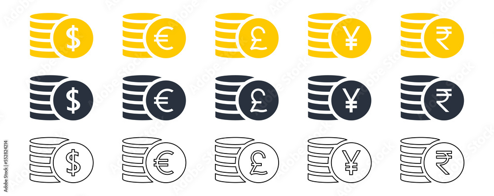 World coins stack icon set. International money silhouette symbol ...