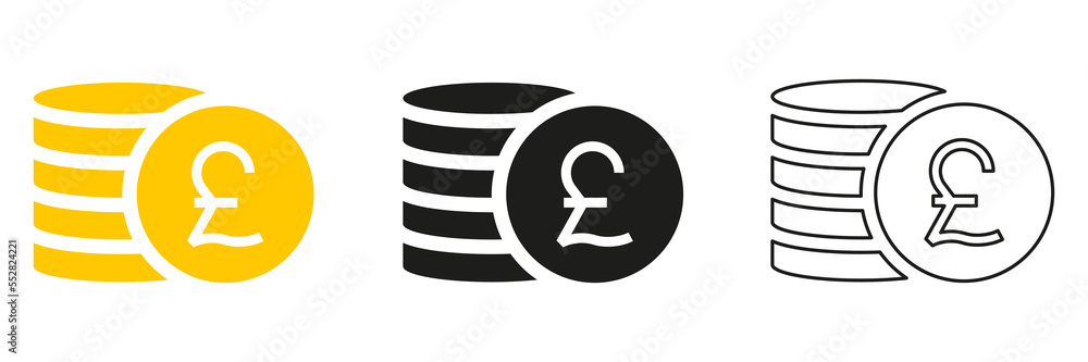 Pound sterling coins stack icon set. British money silhouette symbol ...