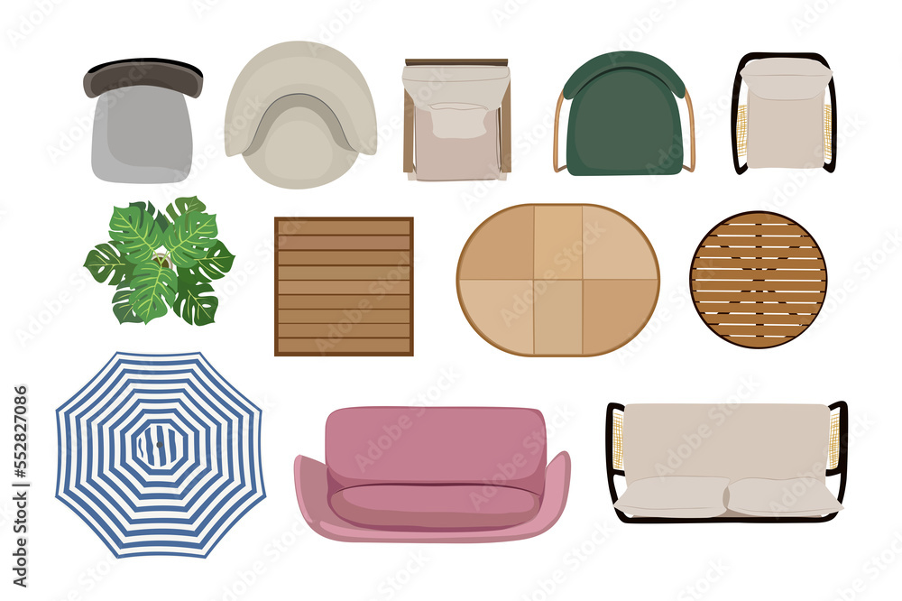 Top view of furniture icons for interior design plan, apartment project ...