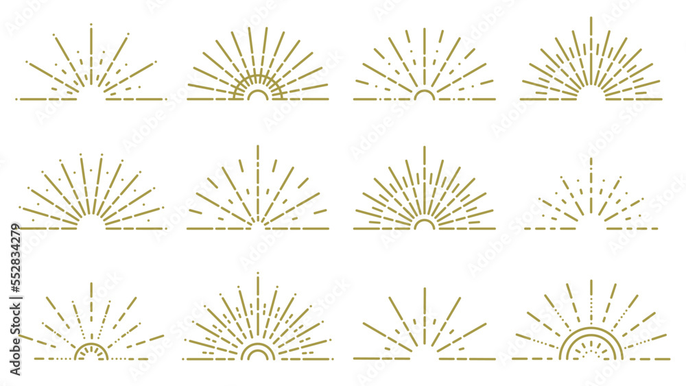 Doodle sunrise light elements. Outline sunburst, abstract rising sun ...