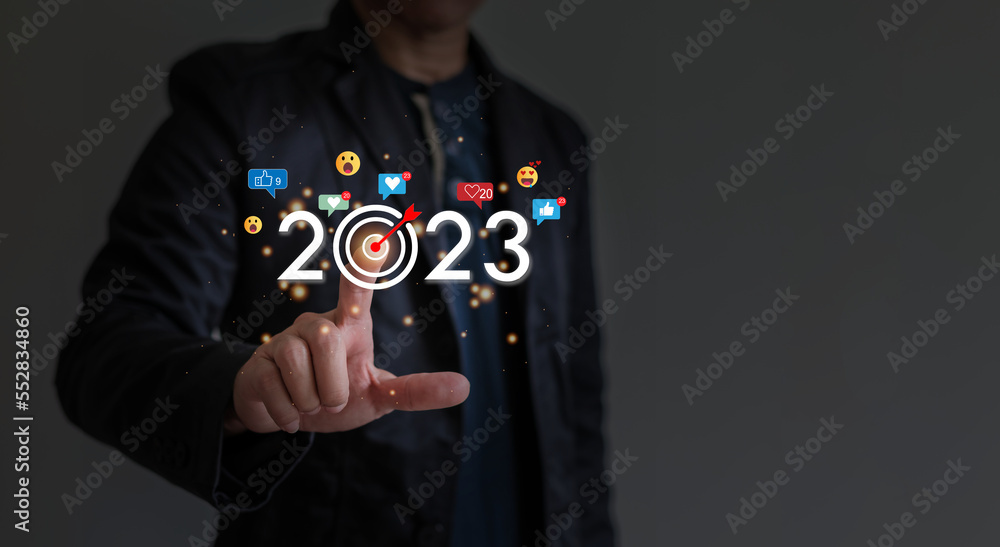 Man is pointing finger to year 2023, Like icon, heart smiley shocked ...
