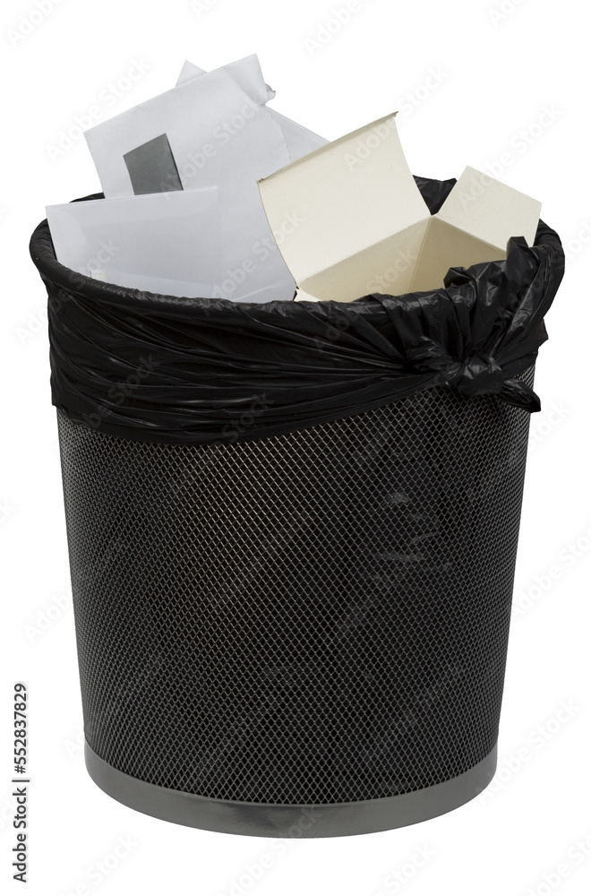 Office trash bin with black plastic bag full with creased paper and ...