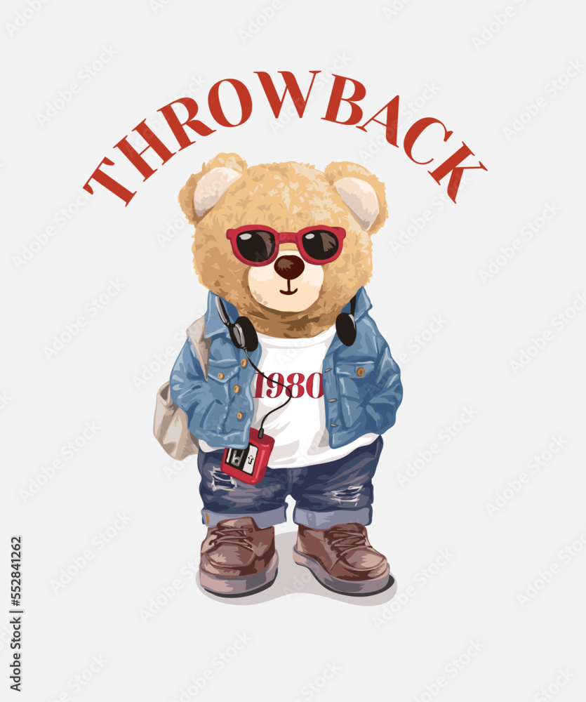 throwback slogan with bear doll and retro music player vector ...