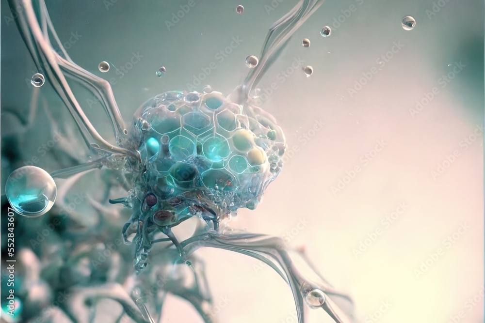 Microscopic macroscopic close view of cells attacked by virus and ...