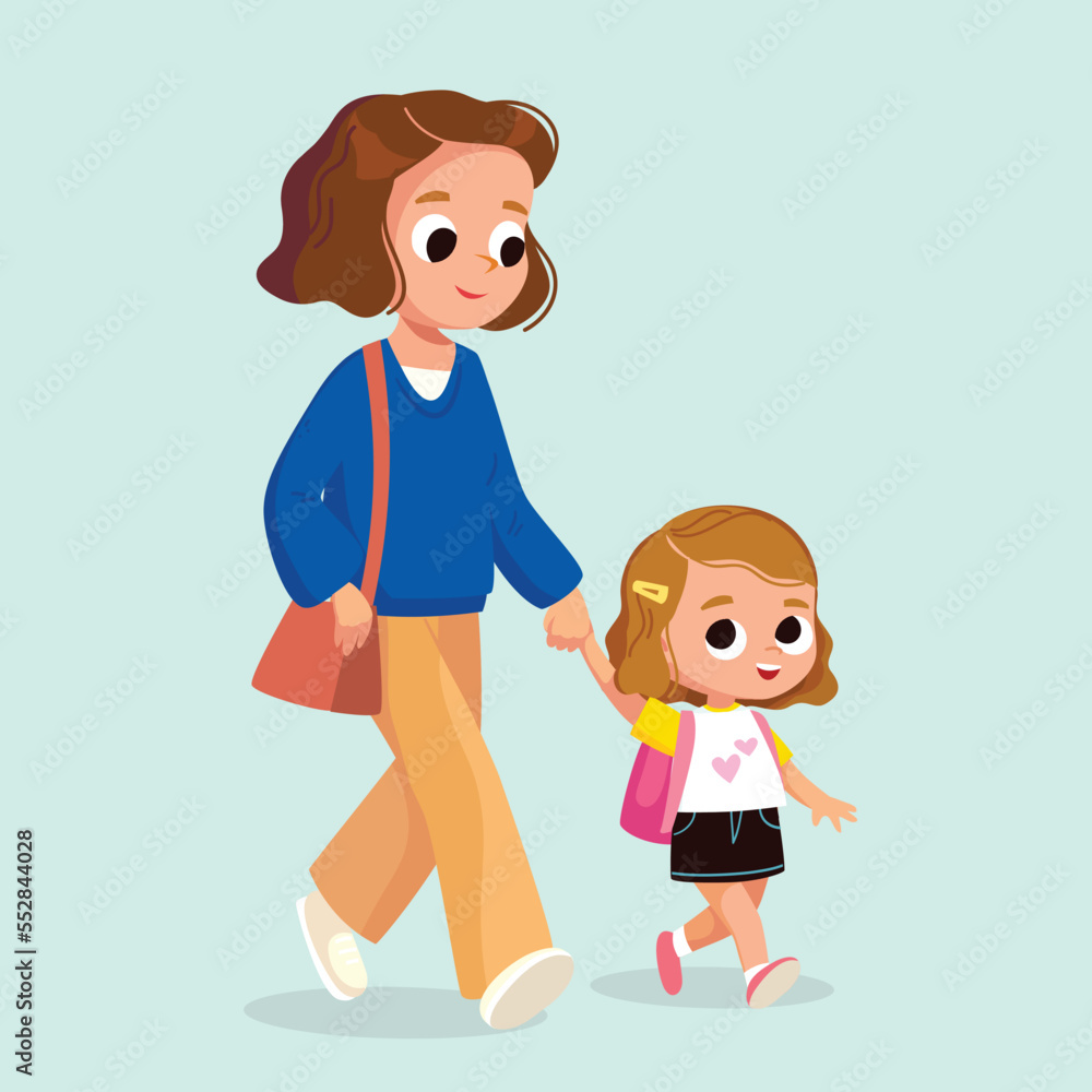 Vetor de Mother and baby girl kid walk hand in hand, holding hands. Mother leads, taking her ...