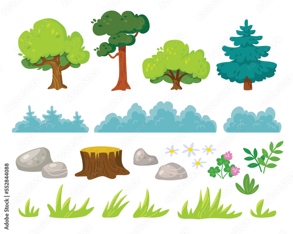 Vector set, collection of cartoon plants, trees, and grass, isolated on ...