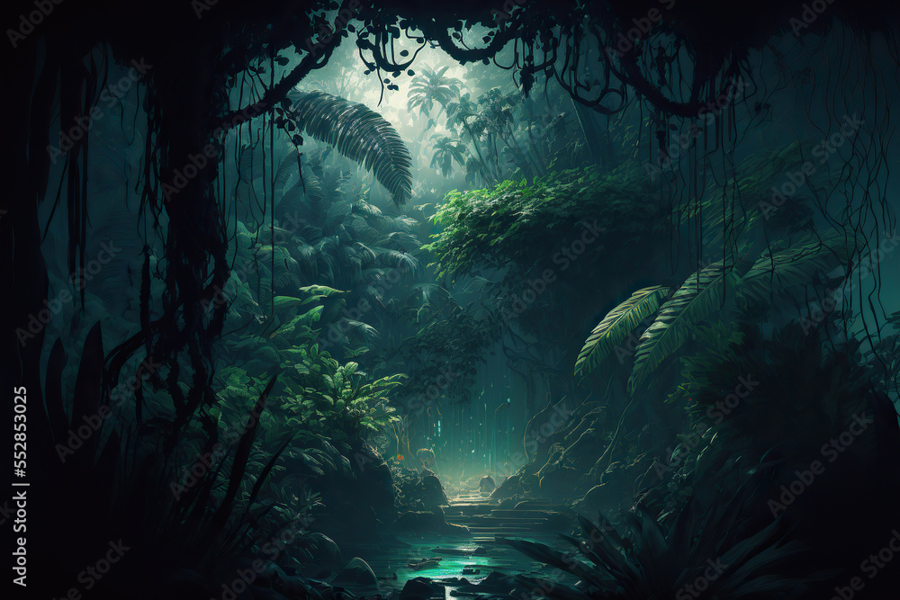 Night tropical jungle background. Atmospheric fantasy forest. AI Stock ...