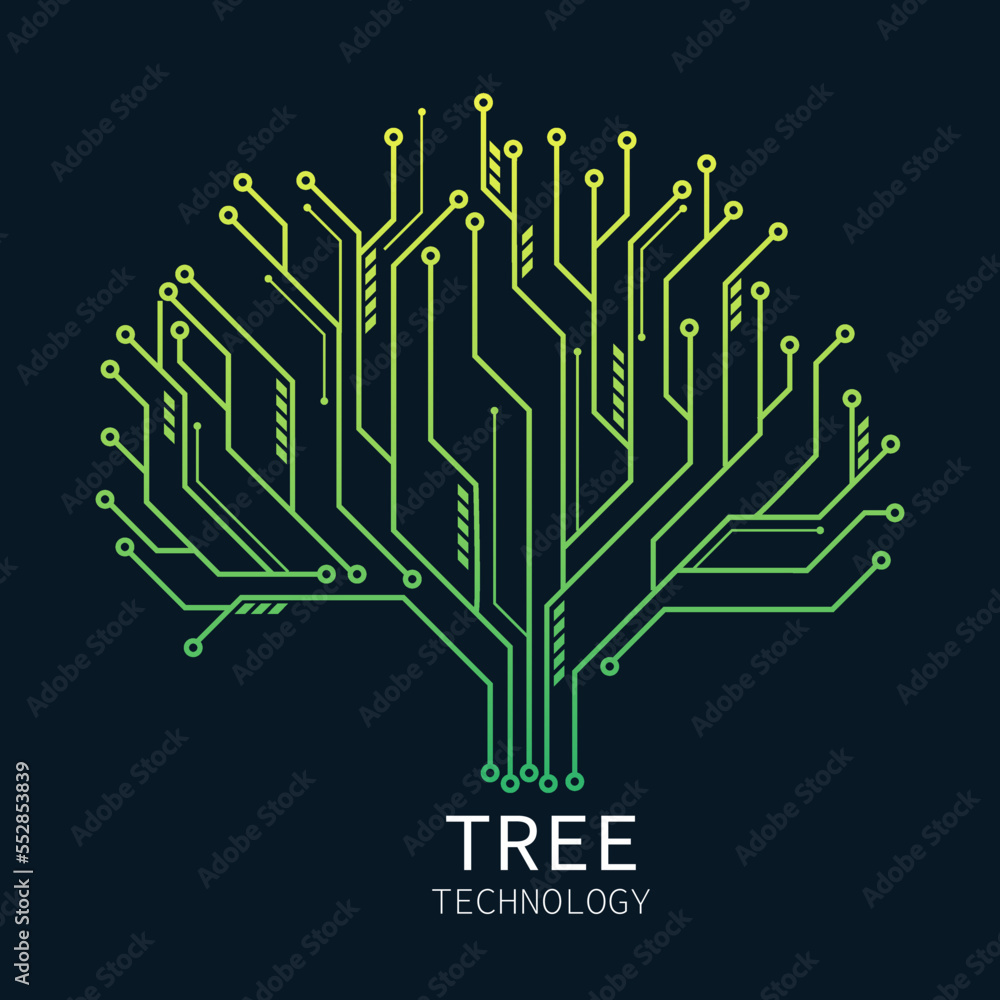 tree data digital technology network symbol. green line circuit ecology ...